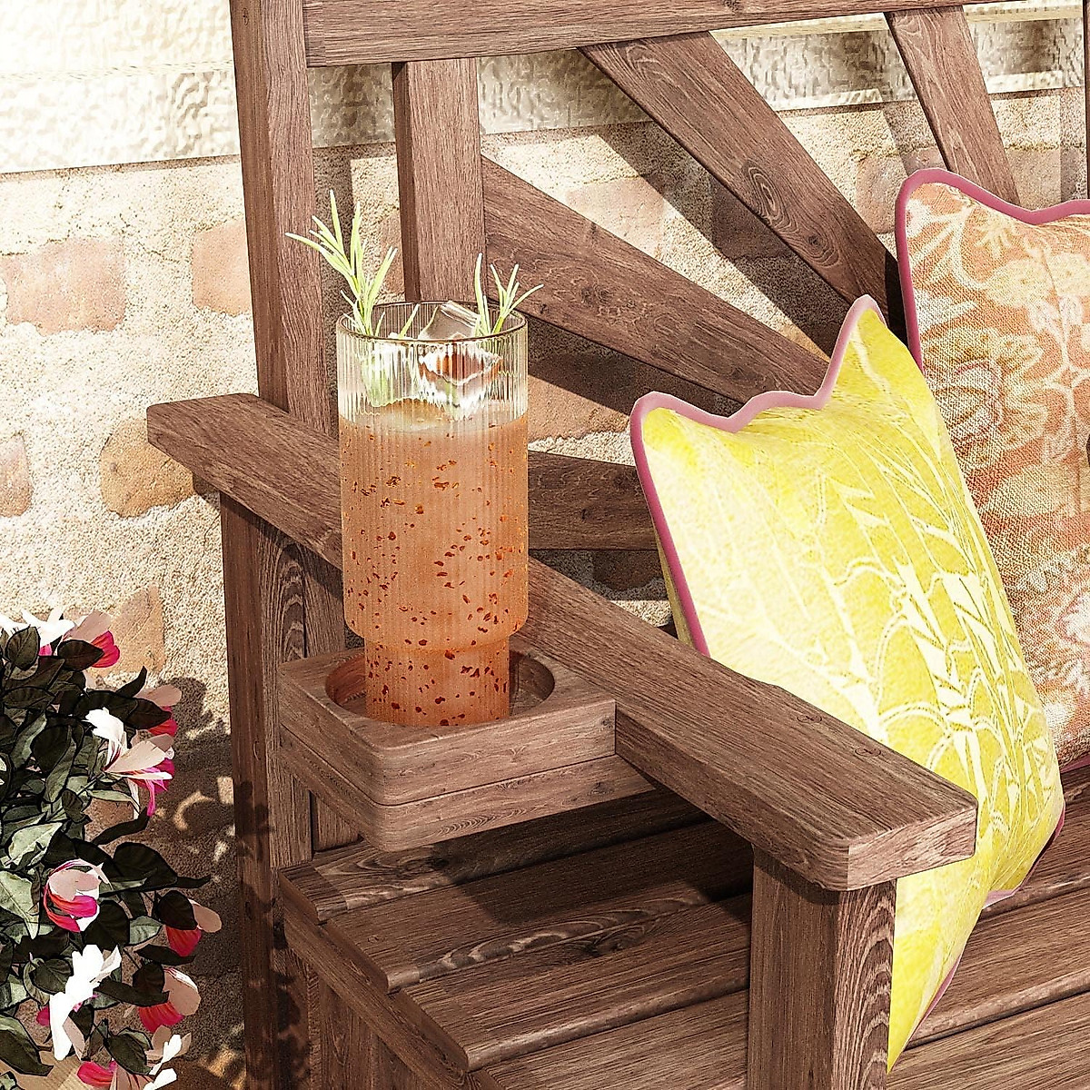 Timechee Outdoor Storage Bench Large Deck Box, 47.2" Patio Wooden Loveseat Benches, Garden Seating Furniture with Cup Holder & Storage Space for Tools for Deck, Porch & Balcony, Brown