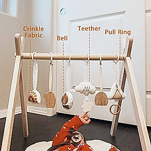 Mallify Wooden Baby Play Gym, Toddler Activity Center with 6 Hanging, Folding Hanging Bar, Pull Ring Toys, Easy to Assemble