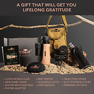 Scotar 12x50 Monocular Telescope - FMC Fogproof, IP67 Waterproof Hand Held Telescope - BAK4 Phase and Dielectric Coated Prism - Adventure Accessories Set: Bag, Smartphone Adapter, Mini Tripod