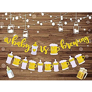 Set of 2 A Baby is Brewing Baby Shower Decorations Banner for Diaper Party Decor Gender Reveal Party Pregnancy Celebration Baby Brewing Sign with Beer Mug & Baby Bottle Design Pre-Strung