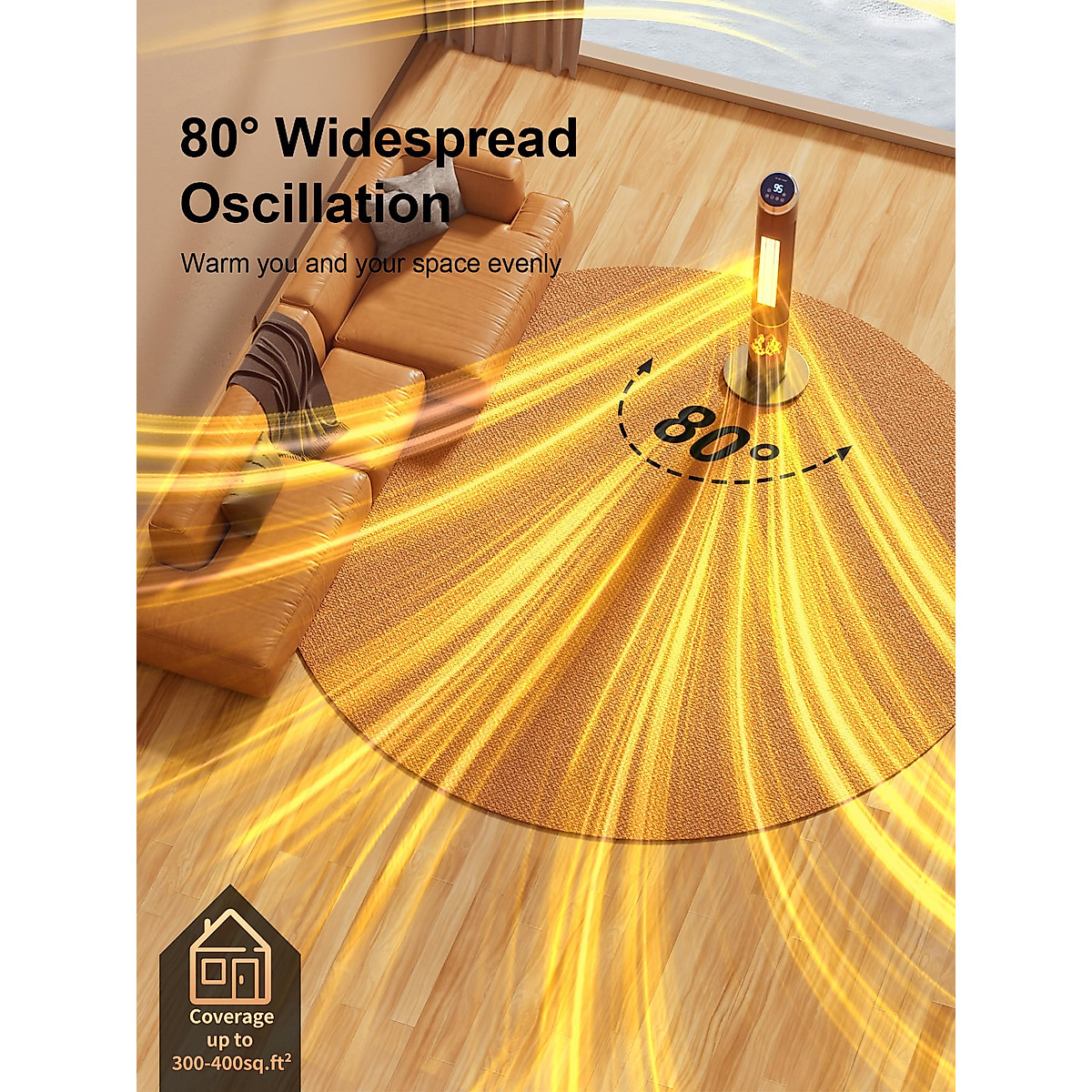 38'' Space Heater, Portable Electric Heater for Indoor Use, 1500W Ceramic Tower Heater with 3D Flame Effect, Adjustable Thermostat, 80° Oscillation, Safety Protection for Office Bedroom Home (Black)