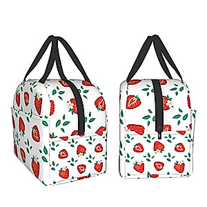 Ucsaxue Cute Strawberry Leaves and Flowers Lunch Bag Small Insulated Lunch Box with Front Pocket Aesthetic Lunch Bags for Girls Boys Freezable Bento Box Women Men Lunch Boxes