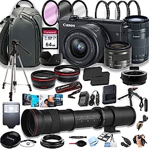 Canon EOS M200 Mirrorless Digital Camera with 15-45mm f/3.5-6.3 is STM Lens + 55-250mm f/4-5.6 is STM Lens + 420-800mm Super Telephoto Lens + 64GB Memory Card, Professional Photo Bundle (44pc)