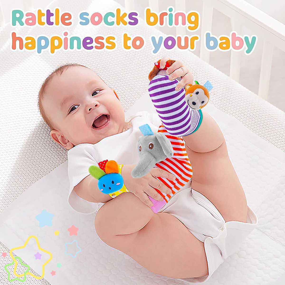 Yeeeasy Baby Rattle Cotton Socks and Wrist Rattle Strap Set, Infant Toys 0 3 6 9 12 Months, Baby Gifts for Boys and Girls, Develop Babies Sensory Toys