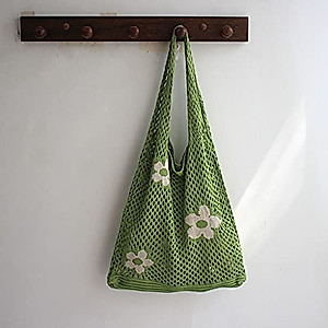 ergou Flower Crochet Tote Bag, Woven Beach Totes Bags for Women, Simple Knitting Hollow Out Shoulder Beach Bag Casual Laziness-Style Handmade Weaving Large capacity Handbag (Green)