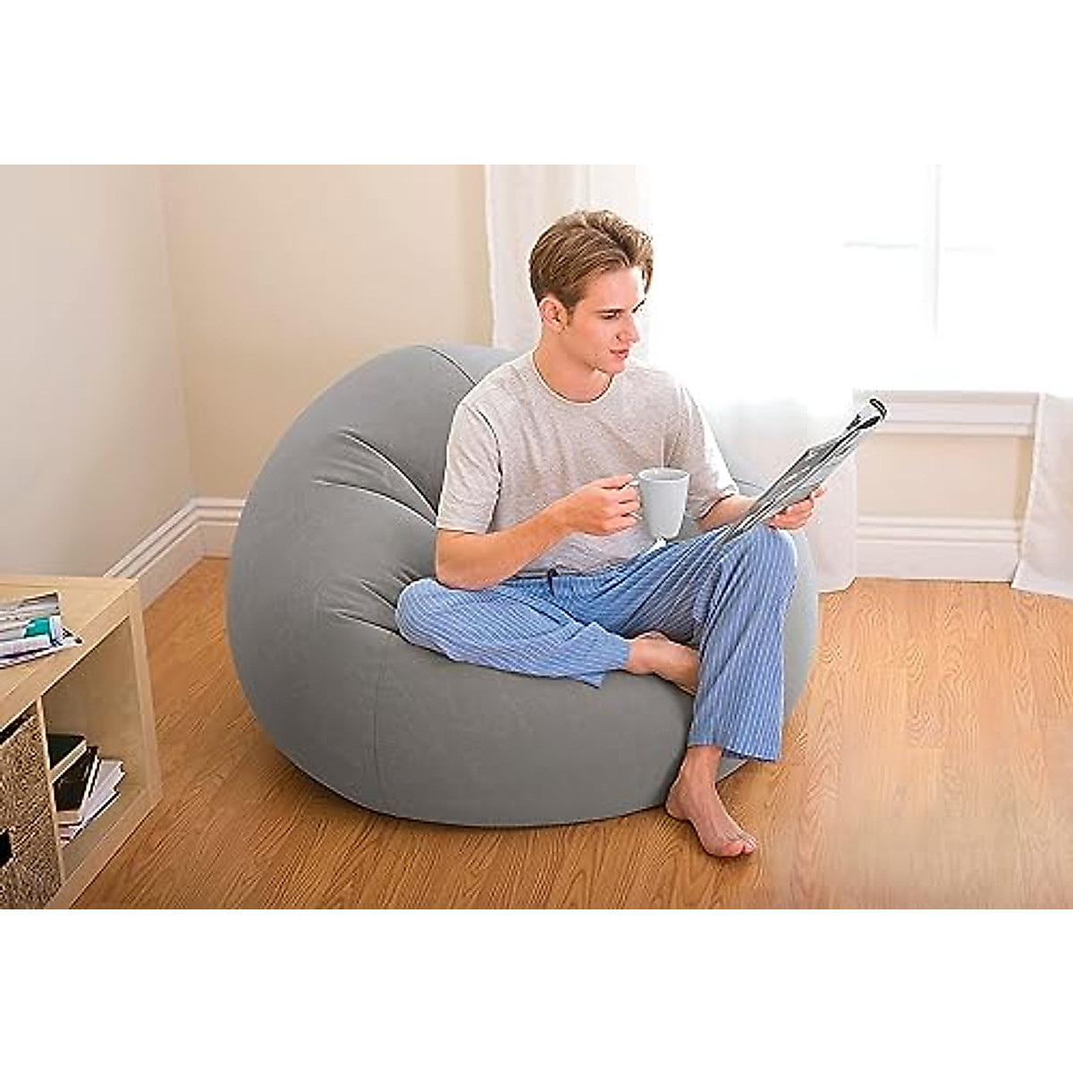 INTEX 68579EP Beanless Bag Inflatable Lounge Chair: Corduroy Textured Flocking – Durable Vinyl – Folds Compactly – 220lb Weight Capacity – 45" x 45" x 28",Grey