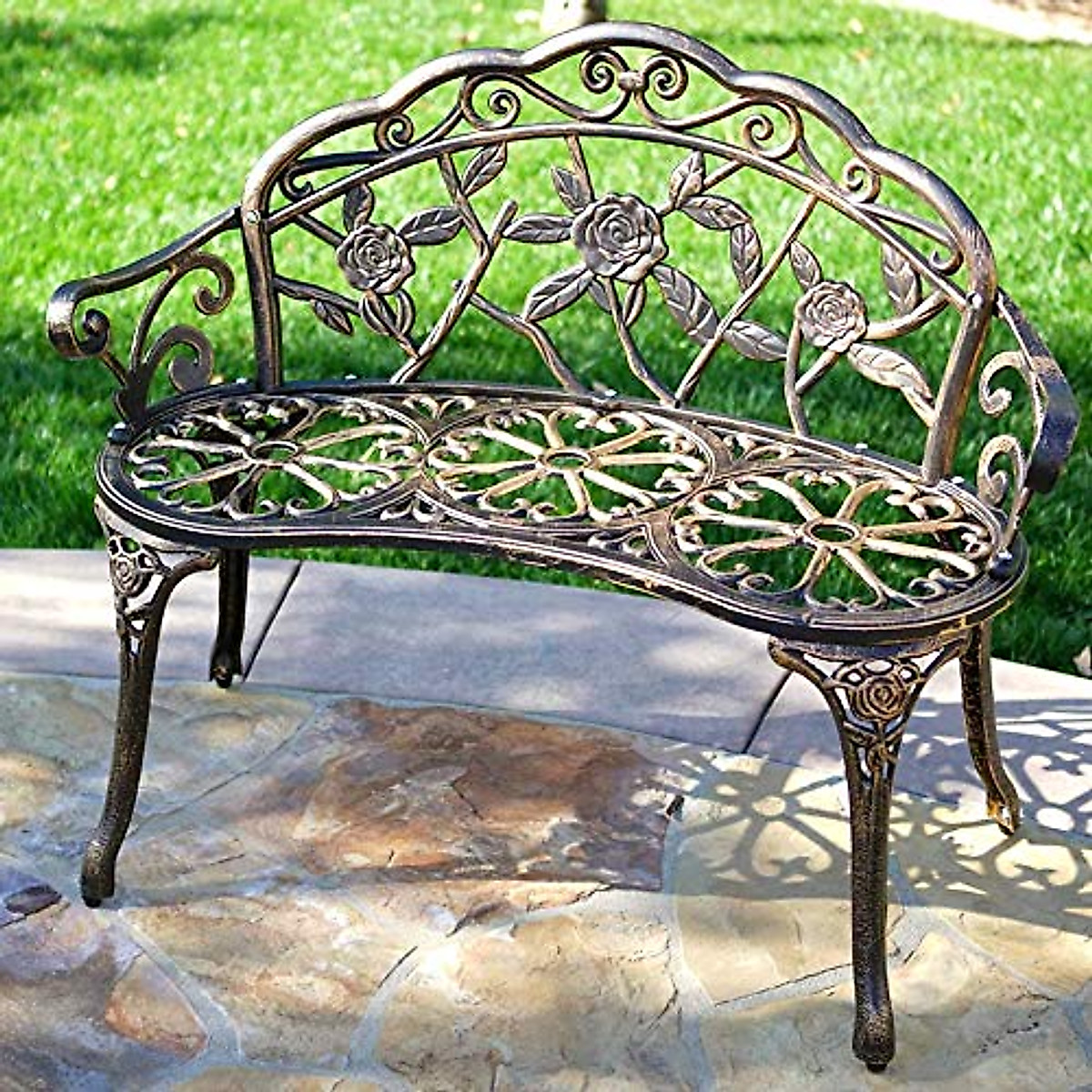 Payhere Garden Benches for Outdoor, 39.7 in Antique Designed Metal Rose Carving Front Porch Bench, Cast Iron Cast Bronze Frame Antique Finish, Durable Patio Park Decor Leisure Bench for 2 Person Seat