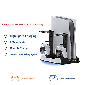 EJGAME Vertical Stand Dual Charging Station with Suction Cooling Fan Compatible with PS5 Console and PS5 Digital Edition, Built-in Headset Holder,Media Remote Stand and13 Game Rack Organizer