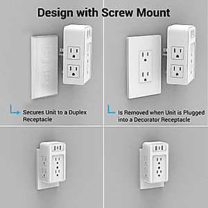 Clear Power Multi Plug Outlet Extender, 6-Outlet Splitter with 3 USB Ports (1x USB-C), 3-Sided Power Strip USB Wall Charger for Home & Office, White, DC3S-1006-DC