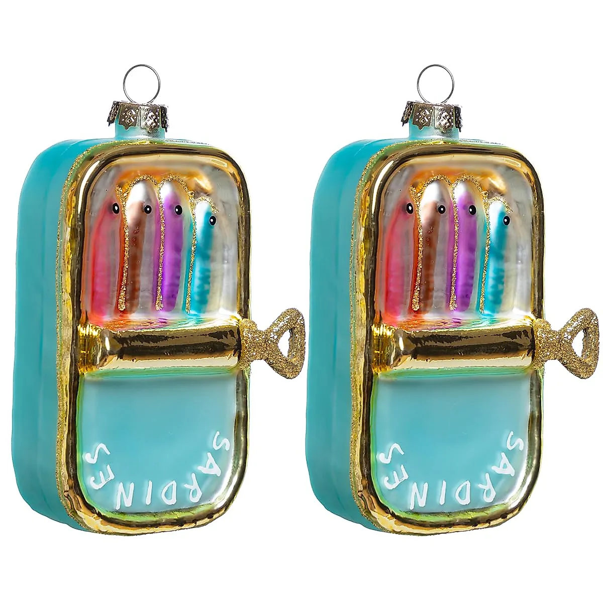 2 Pack Glass Sardine Tin Christmas Ornaments for Christmas Tree Decorations, Hanging Decorative Hand Painted Blown Glass Sardine Can Canned Fish Seafood Ornaments