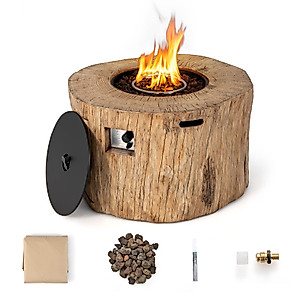 Tangkula 50,000 BTU Gas Fire Pit Table, Patiojoy 40” Round Propane Firepit with Removable Lid, Volcanic Rock & PVC Cover, Outdoor Fire Pit Table with Wood-Like Surface for Patio, Backyard