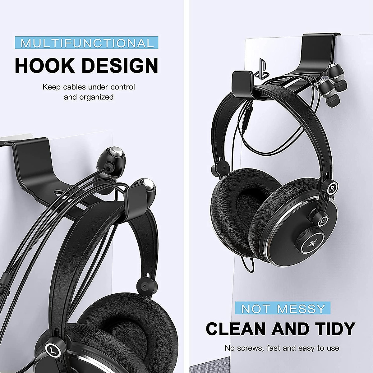 NINGMANC Headphone Hook Holder Stand & Gamepad Controller Stand for PS5, Xbox Series X, Screwless Portable Storage Rack Accessories - (2 Pack Black)
