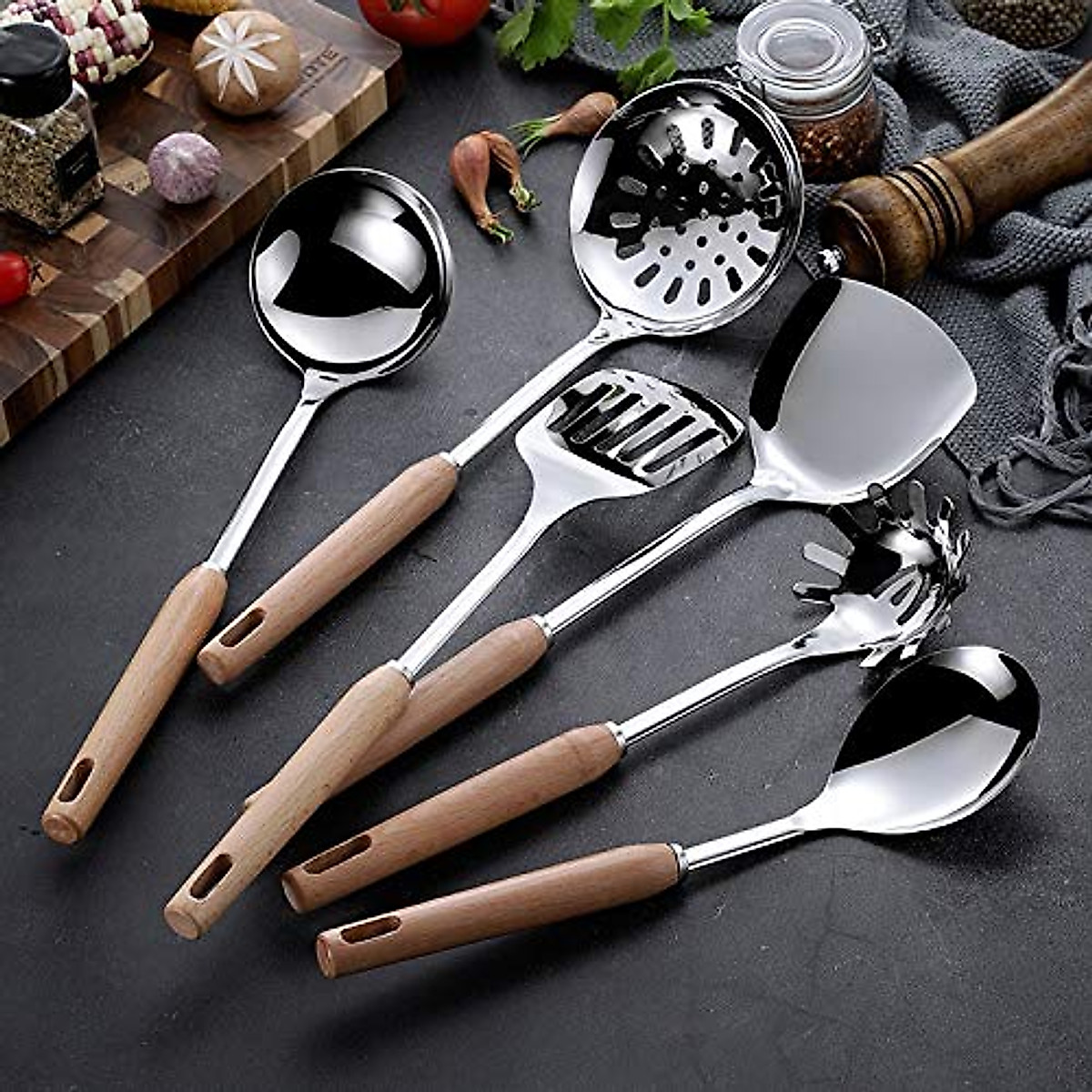 6 Pcs Stainless Steel Kitchen Utensil Wood Handle Cooking Tools Set Ladle Spoon for Restaurant Kitchenware Set