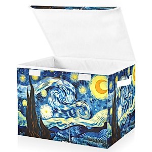 KJIZMO Starry Night Van Gogh Storage Bin with Lid and Handle, Collapsible Organizer Basket for Toys, Laundry, Closet, Bedroom - 16.5x12.6x11.8 In