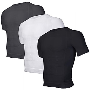 Odoland 3 Pack Men's Body Shaper Slimming Shirt Tummy Vest Thermal Compression Base Layer Slim Muscle Short Sleeve Shapewear, White/Grey/Black, L