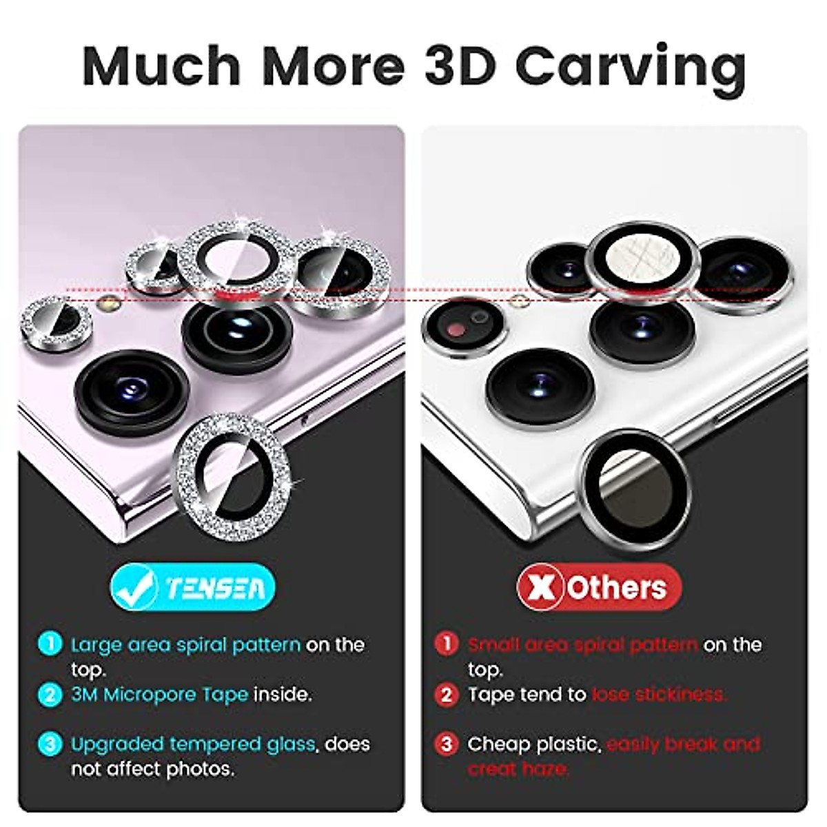 Tensea (3+2PCS) for Samsung Galaxy S23 Ultra 5G Camera Lens Protector, 9H Tempered Glass Camera Cover Screen Protector Metal Individual Ring [Installation Tray][Removal tool][Case Friendly]- Glitter