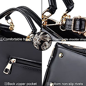 XingChen Shiny Patent Women PU Leather Handbags Embroidery Shoulder Bags Fashion Satchel Purses Top Handle Bags(Black)
