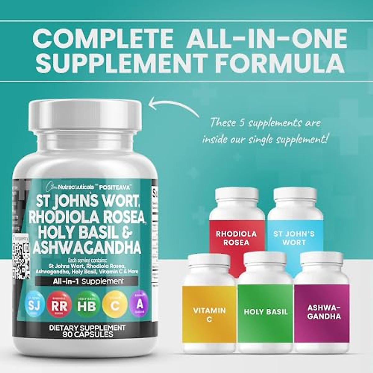 Clean Nutraceuticals St Johns Wort 10000mg Rhodiola Rosea 20000mg Holy Basil 3000mg Ashwagandha 6000mg - Mood Support for Women and Men with Vitamin C & Black Pepper Extract - 90 Caps