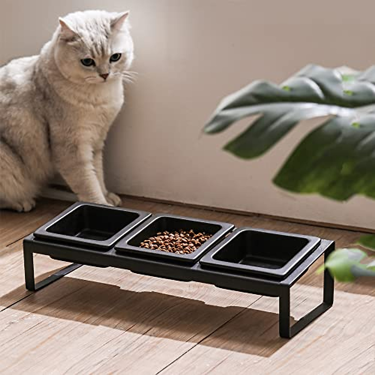 QIRAN Raised Cat Food Bowl,Elevated Cat Bowls with Stand,Ceramic Pet Feeding Bowls for Food and Water,Protect Cat's Spine,Perfect for Cats and Dogs, 12 Ounces*3,Dishwasher Safe,Triple Bowls,Black