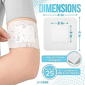 JJ CARE Waterproof Adhesive Island Dressing [Pack of 25], 4" x 4" Sterile Island Wound Dressing, Breathable Bordered Gauze Dressing, Individually Wrapped Latex Free Bandages with Non-Stick Central Pad