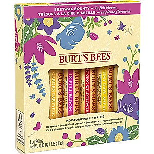 Burt's Bees Gifts, 4 Lip Balm Products, In Full Bloom Set - Original Beeswax, Dragonfruit Lemon, Tropical Pineapple & Strawberry (4 Pack)
