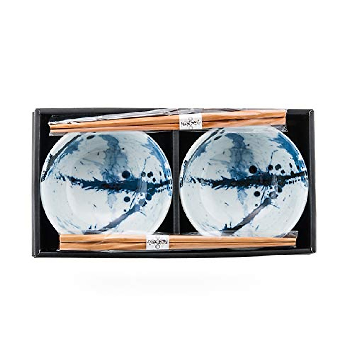 Ebros Gift Made In Japan Blue Splash Paint Abstract Art Design Porcelain Bowls With Bamboo Chopsticks Set Of 2 For Salad Ramen Pho Soup Cereal Home Kitchen Decorative Japanese Artistic Bowl