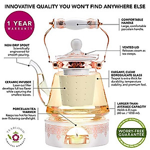 Teabloom Buckingham Palace Teapot & Flowering Tea Gift Set (6 Pieces) - Stovetop Safe Glass Teapot (40 OZ / 1.2 L / 4-5 CUPS), Porcelain Lid, Tea Warmer, Loose Tea Infuser, 2 Gourmet Rose Tea Flowers