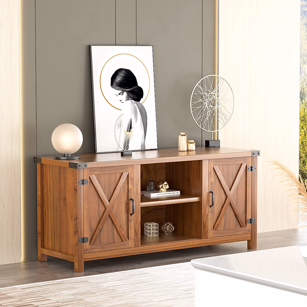 Farmhouse TV Stand for 65 Inch TV, Mid Century Modern Television Stand Entertainment Center for Living Room Bedroom, TV Console Table with Double Barn Doors and Storage Cabinets (Walnut)