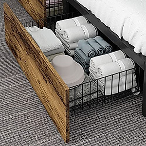 IMUsee Queen Size Bed Frame with 4 Large Storage Drawers, Heavy Duty Metal Platform Queen Bed Frame with 13 Strong Metal Slats Support, Wooden Board Decor, No Box Spring Needed, Noise Free