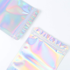 QQ Studio Pack of 100 Windowed or Double Sided Holographic Stand Up Packaging Bags with QuickQlick™ Seal for Food and Snacks (Double-Sided Silver Base Hologram, 16x24cm (6.3x9.4"))