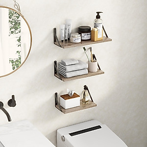 Fun Memories Floating Shelves Wall Mounted Set of 3, 16.5 Inch Natural Wood Wall Shelves, Decor Storage Shelf for Bedroom Bathroom Living Room Office Pictures Plants Books Cats TV (Grey)