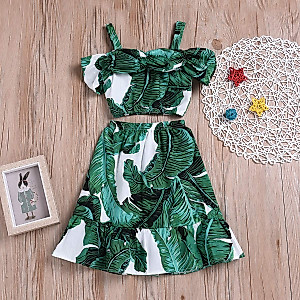 BOEBNOZCV Toddler Baby Girl Strap Banana Leaf Print Strappy Cold Shoulder Cropped Top + Long Skirts Outfits Clothes Set (Banana Leaf, 7T)