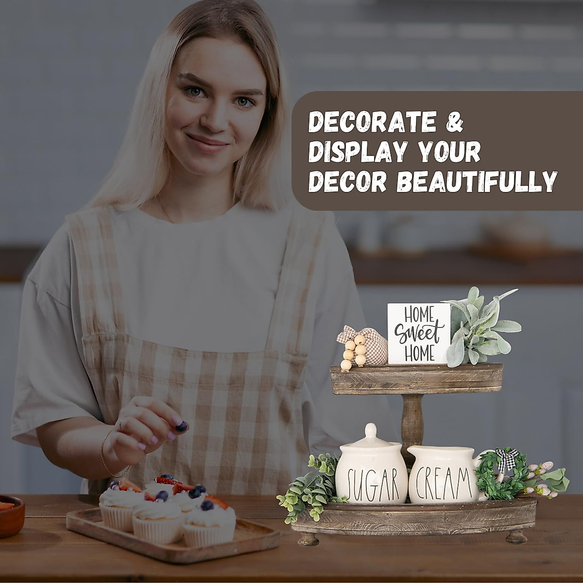 Corner Round Tiered Tray Stand 2 Tier Tray Stand Small Farmhouse Kitchen Decor Coffee Corner Counter Shelf Kitchen Counter Farmhouse Decor Rustic Home Decor Brown Wood Wooden Two Tiered Tray Decor