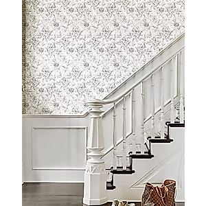 JiffDiff Black and White Floral Wallpaper 17.3" x 394" Peonies Removable Peel and Stick Floral Wallpaper Sketched Floral Self-Adhesive Prepasted Wallpaper Wall Decor (Sketched Floral)