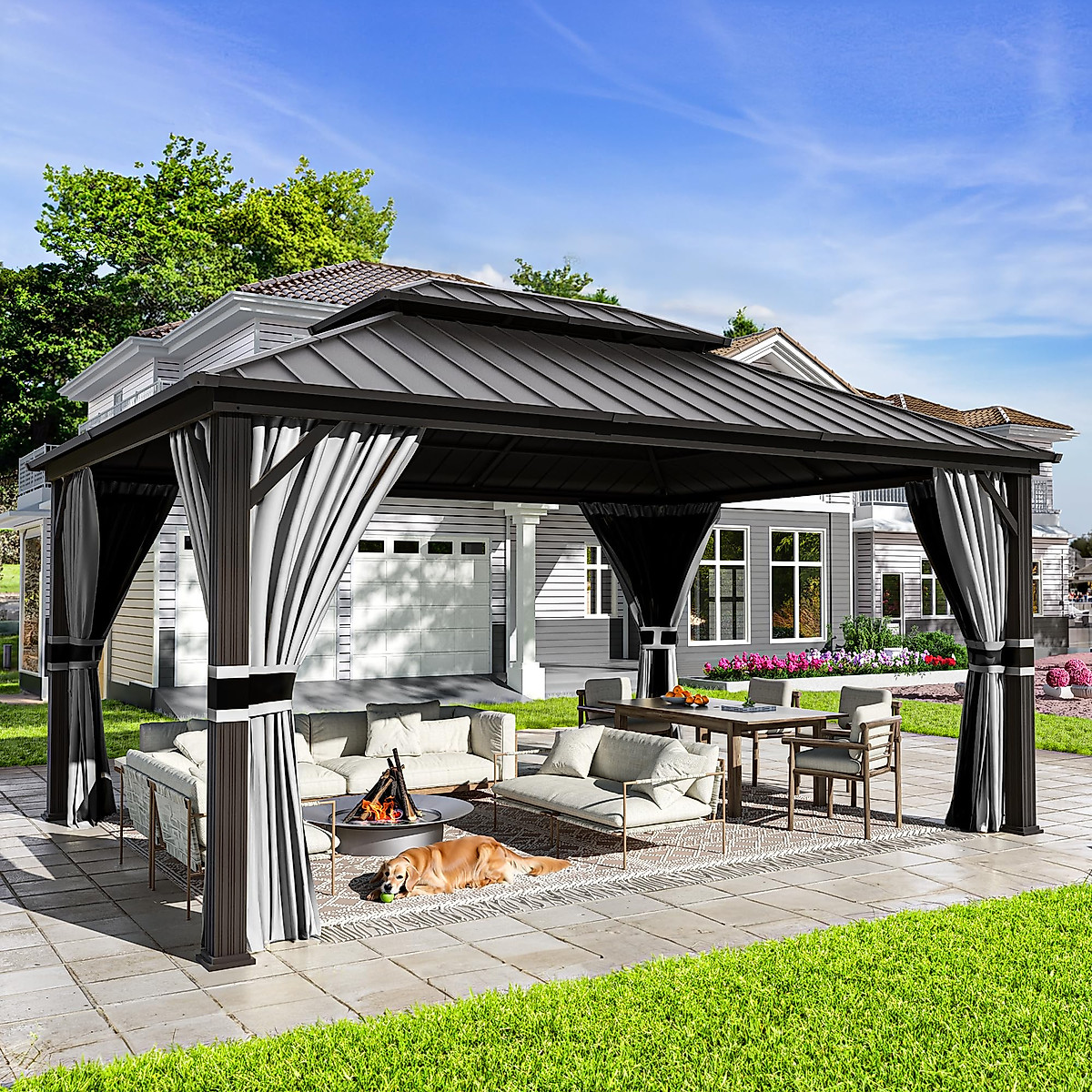 UDPATIO 12' x 16' Hardtop Gazebo, Galvanized Steel Double Roof Permanent Aluminum Gazebo, Outdoor Metal Pergolas with Mosquito Netting and Curtains for Garden, Parties, Patio, Deck, Lawns, Grey