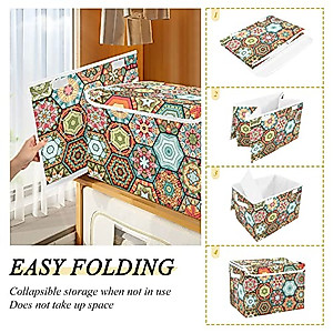 FOLIOSA Large Storage Bin Tote Organizing Container with Durable Lid and Handle & Velcro, Stackable and Nestable, for Home Organization Decorative, 11.8 x 12.6 x 16.5 inches, Ethnic Style Hexagonal