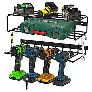 LADECH Set of 2 Holder Rack with Storage Shelf - Power Tool Organizer , Holds 4 Drills & Batteries - Heavy Duty Hanging Wall Mount for Garage , Home , Workshop