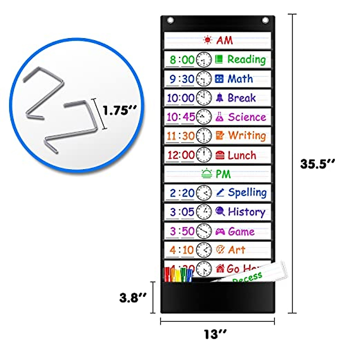 VNOM Daily Schedule Pocket Chart, Class Schedule with 13+1 Pockets 18 Dry Eraser Cards 2 Easy Over Door Mountings for Classroom, School, Office or Home (13” x 35.5”) (BLACK)