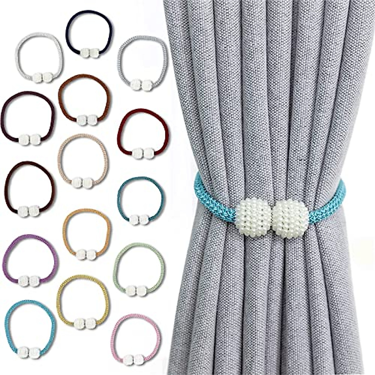 YangMeng Window Strong Magnetic Curtain Tiebacks Outdoor Curtain tiebacks for Patio- Pearl Ball Tie Backs for Curtains Thin or Thick Home&Office Window Draperies (F, 2PC)