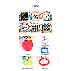 Jollybaby Baby Car Seat Toys with Rattles & Teether, Black & White High Contrast Stroller & Pram Toy, Crib Bed Plush Hanging Toy for 0 3 6 9 12 Months Newborn, Toddlers, Infants(Cube)