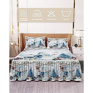 AMZRicher Snowman Wrap Around Pleated Bed Skirts for Queen Bed 60x80, Decorative Dust Ruffle Bed Sheet & Bedskirt 18'' Drop Bedspread with Pillow Case 20x30 Christmas Winter Farmhouse Ball Snowflake
