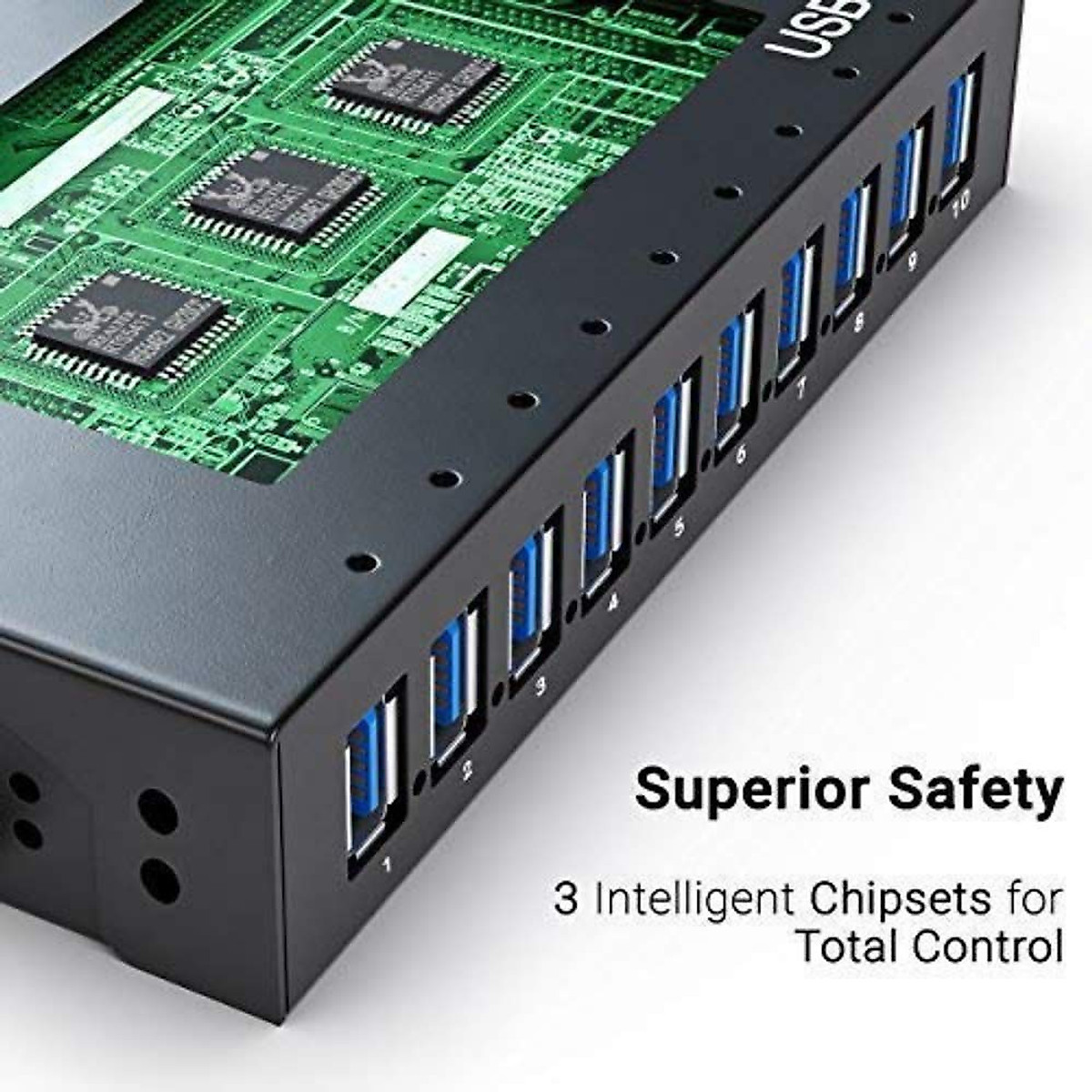 BrovSS: 10 Port Powered USB 3.0 Hub Aluminum - USB Hub Charger - Multiple Port Splitter Hub with 12V 5A 60W Power Adapter with USB Cable for Apple, Laptop, PC, USB Flash Drives, HDD Hard Drive (Black)