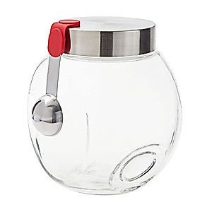 Glass Jar Candy Dispenser with Scoop and Stainless Steel Lid, Penny Jar for Cookies, Nuts, Dry Goods, Jelly Beans, Countertop Food Storage Organization (58 Ounces)