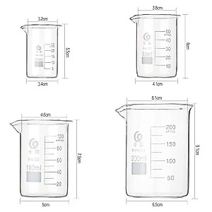 Glass Beaker Set, 4 Pack Graduated Measuring Beakers 25ml 50ml 100ml 200ml Low Form Griffin Thick Wall Lab Beakers with 4 Pcs 1ml Glass Pipette