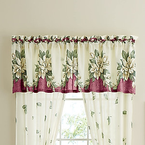Collections Etc Magnolia Garden Floral Leaf Rod Pocket Window Curtains - Country Cottage Chic Design, Burgundy, Valance