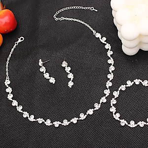 Silver Plated Elegant Necklace Earrings Bracelet Bride Bridesmaid Jewelry Sets for Wedding Prom Crystal Jewelry Set for Women Costume Accessories (06-Silver Plated)