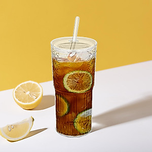 20oz Glass Cups With Lids and Glass Straws, 2 Pack High Borosilicate Iced Coffee Glass Tumbler, Wide Mouth Smoothies, Bubble Tea, Juice, Milk, Cocktails Jars, Travel Mugs