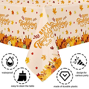 MEHOFOND 3 Pcs Happy Thanksgiving Disposable Tablecloth, Pumpkin Maple Leaves Fall Thanksgiving Party Decorations, Autumn Give Thanks Plastic Table Cover, Thanksgiving Dinner Party Supplies