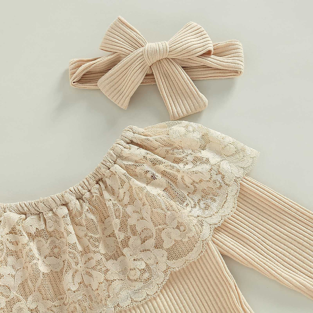 wybzd Baby Girl Outfit Infant Rib Ruffle Long Sleeve Romper Onesie Top Bell-Bottom Denim Pants Sets Cute Clothes (Beige,3-6 Months)