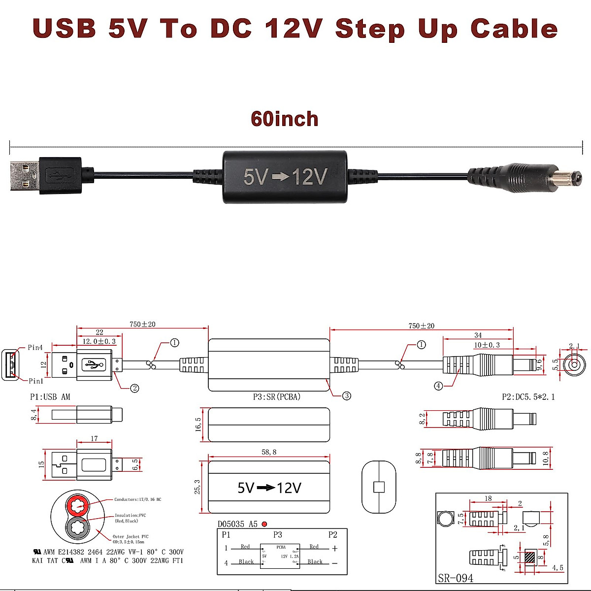 QIUCABLE 5V to 12V DC Converter, 5V USB to 12V DC Step Up Cable - 5FT 1.2A Boost Voltage Transformer, Compatible with Power Bank/CCTV System/Monitor/Camera/Speakers